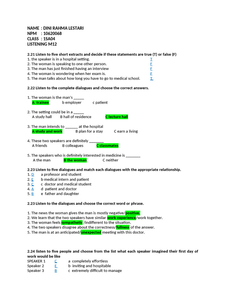 Dini Rahma Lestari - 1sa04 - 10620068 - Listening M12 | PDF