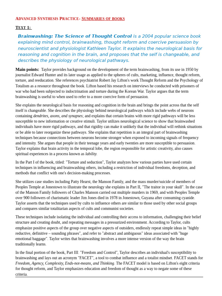 W 7 - 14.10 - TEXTS - Synthesis Practice - BRAINWASHING... | PDF