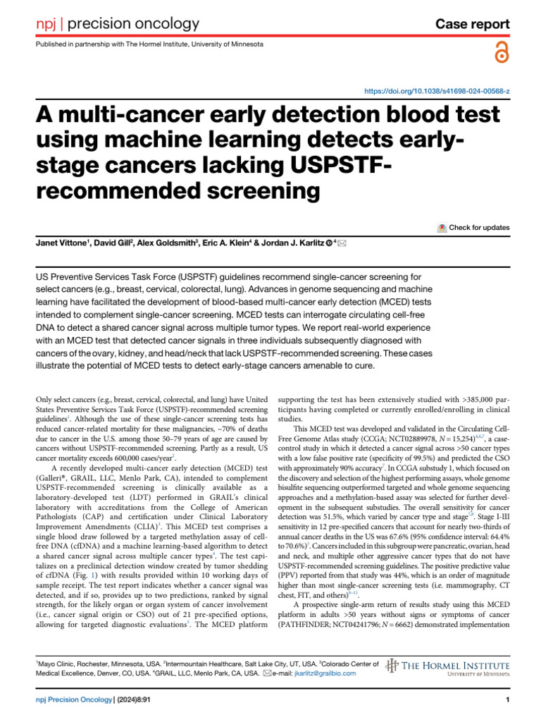A Multi-Cancer Early Detection Blood Test Using Machine Learning ...