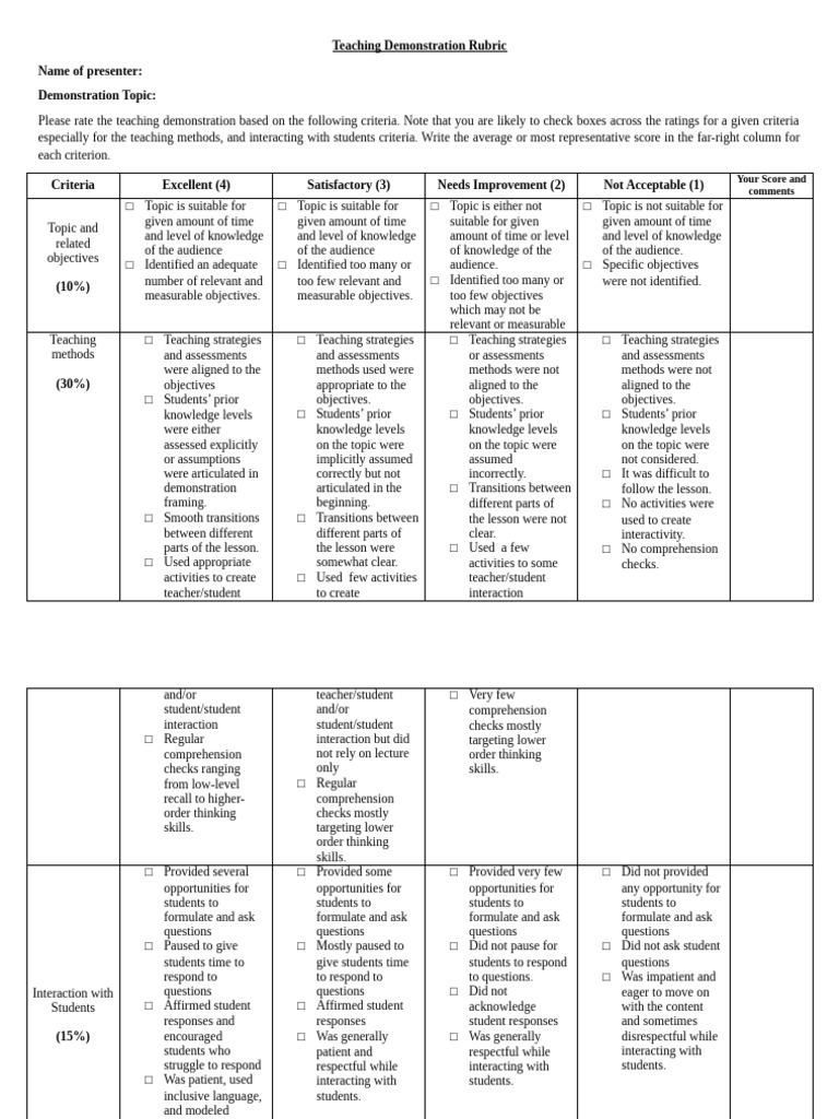 Teaching Demonstration Rubric | PDF