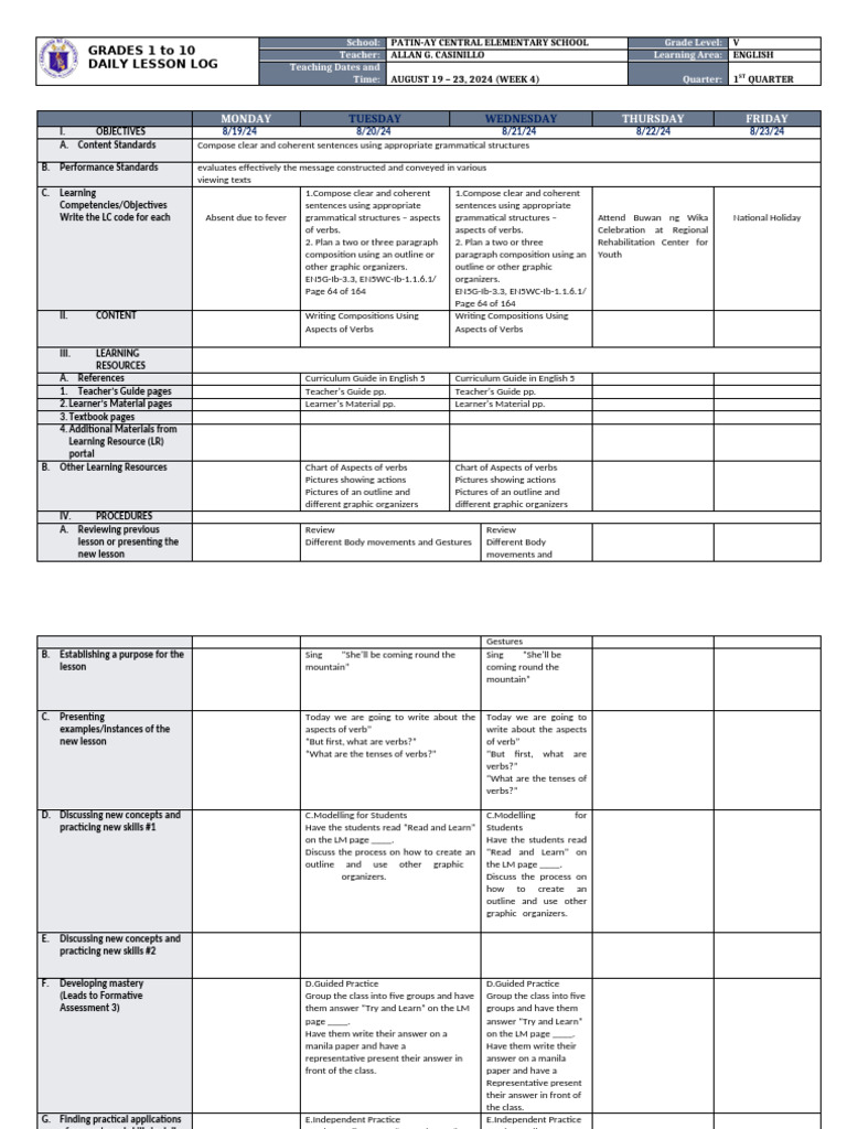 DLL - English 5 - Q1 - W4 | PDF