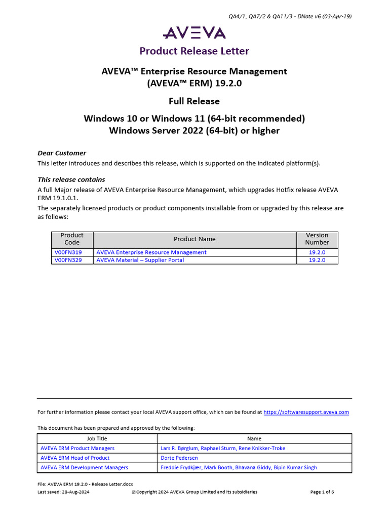 AVEVA ERM 19.2.0 - Release Letter | PDF