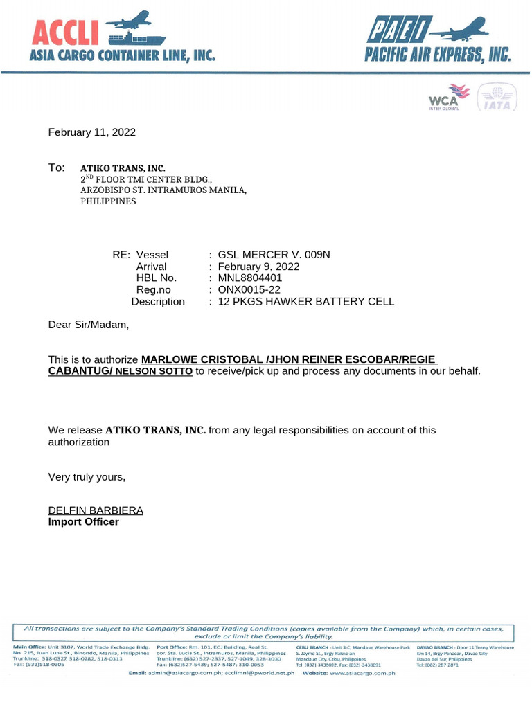 Authorization-Lcl Shipping | PDF