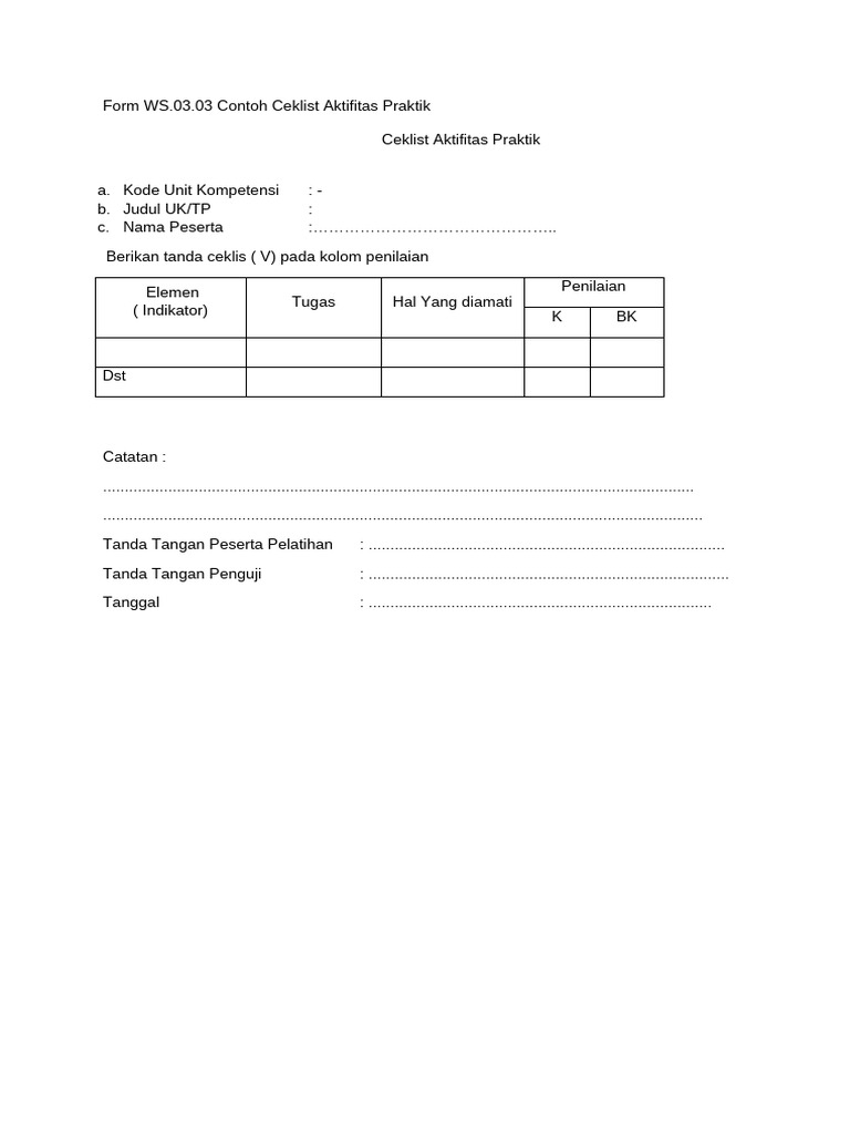 Form LK WS.03.03 Contoh Ceklist Aktifitas Praktik | PDF