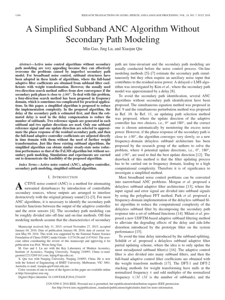 A Simplified Subband ANC Algorithm Without Secondary Path Modeling | PDF
