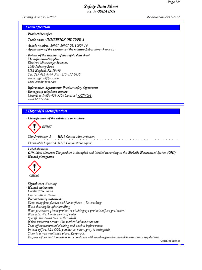 MSDS Immersion Oil | PDF