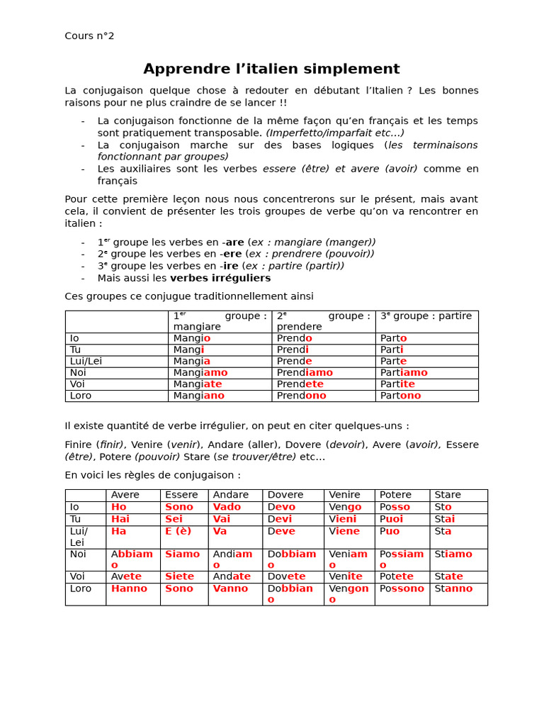 Apprendre L'italien Présent (Leçon) | PDF