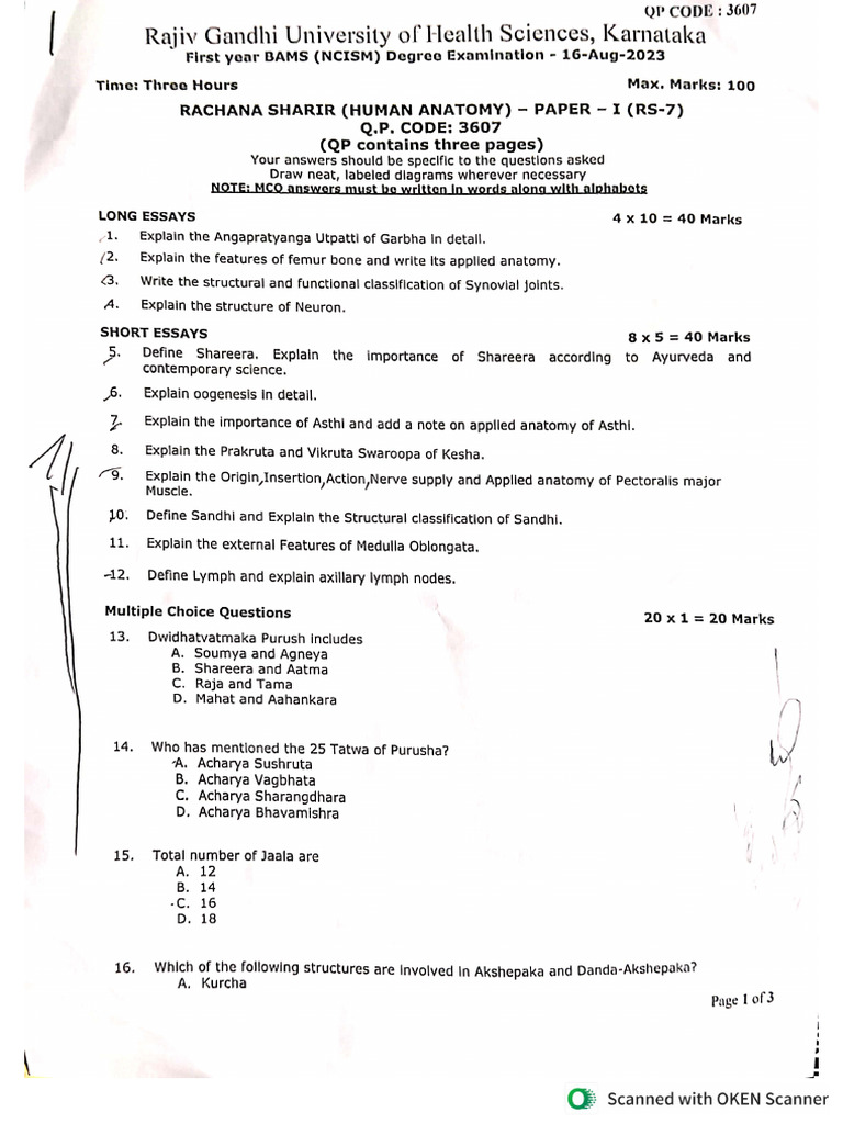 Rachna Shareera Anatomy Q Paper Rguhs Karnataka New Batch | PDF