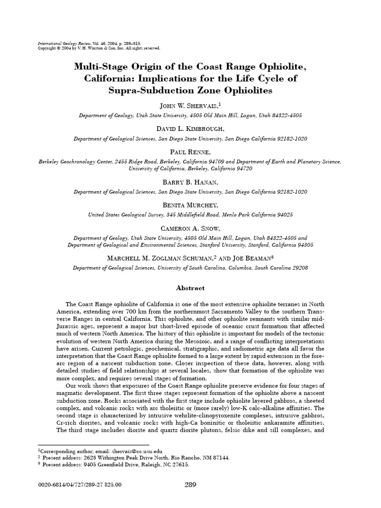 Multi-State Origin of The Coast Range Ophiolite, California ...
