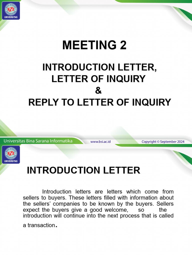 Meeting 2: Introduction Letter, Letter of Inquiry & Reply To Letter of ...
