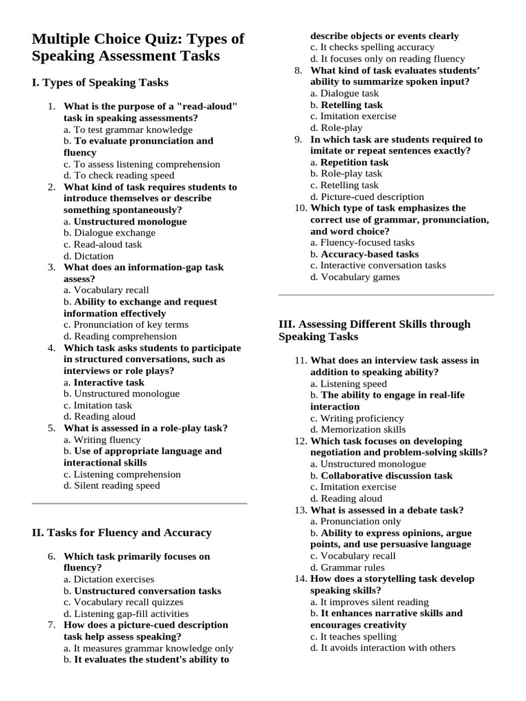 Multiple Choice Quiz - Types of Speaking Assessment Tasksdocx | PDF ...