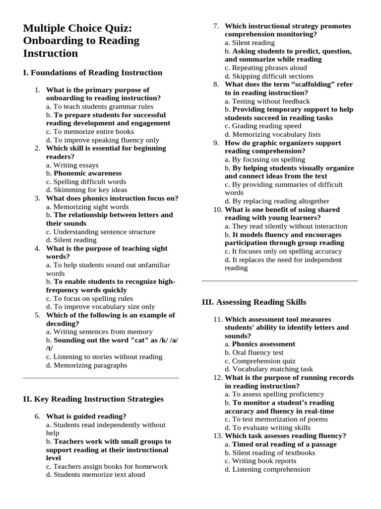 Multiple Choice Quiz - ON BORDING TO READING INSTRUCTIONdocx | PDF