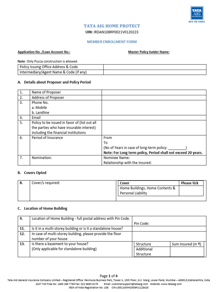 Tata AIG Home Protect - Proposal Form - Home Loans | PDF