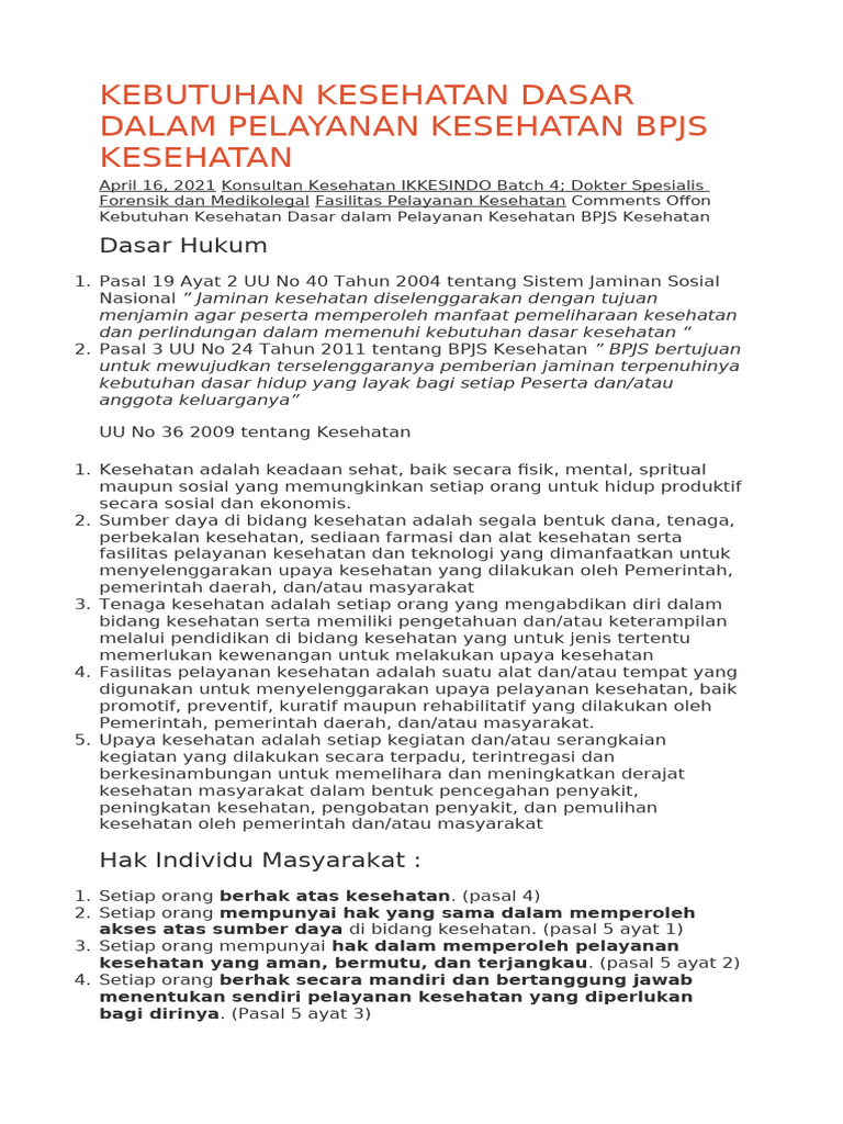 Kebutuhan Kesehatan Dasar Dalam Pelayanan Kesehatan BPJS Kesehatan | PDF