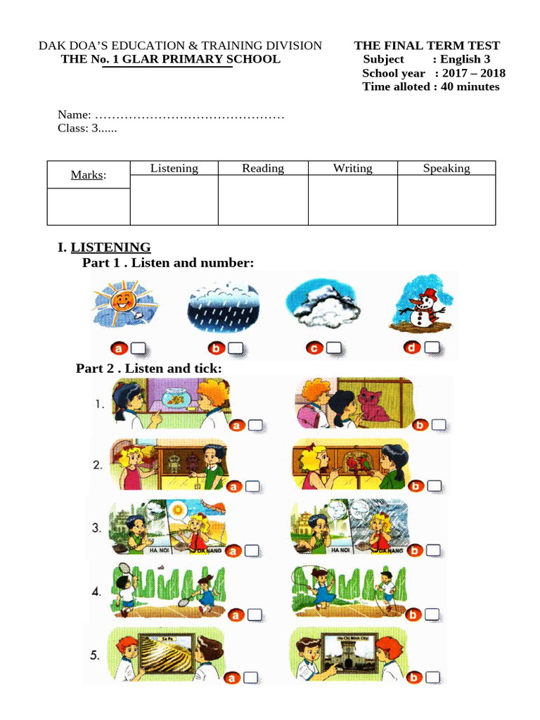 10 Đề Thi Tiếng Anh HK 2 Lớp 3 2017-2018 - Đề 10 | PDF