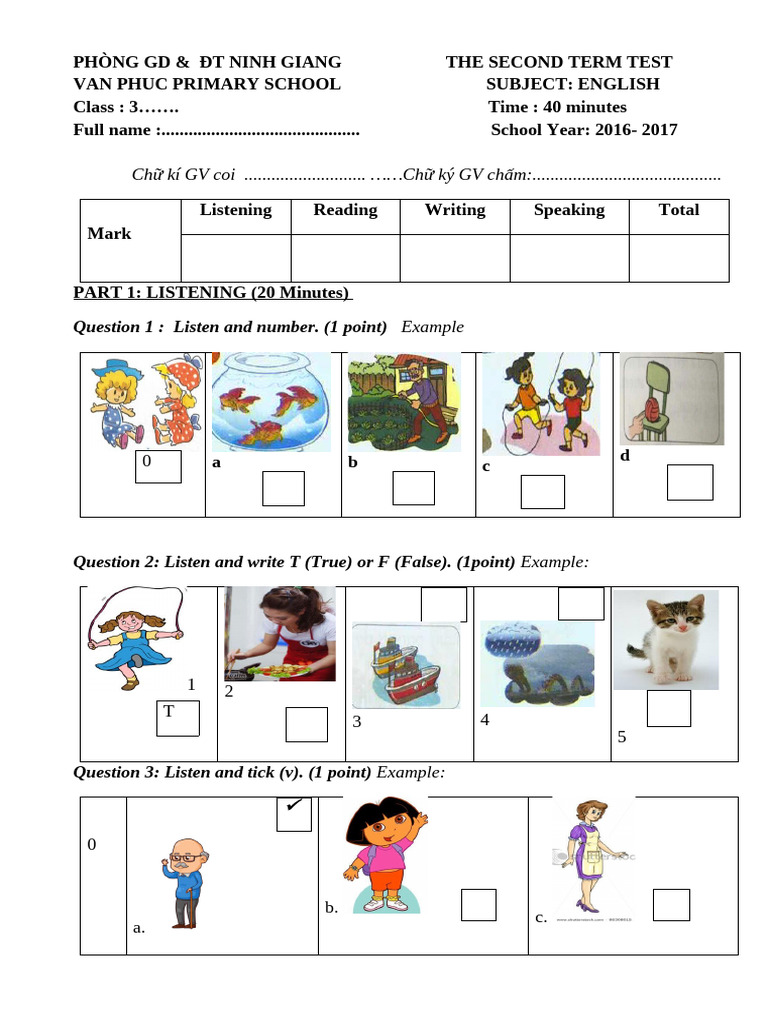 10 Đề Thi Tiếng Anh HK 2 Lớp 3 2017-2018 - Đề 6 | PDF