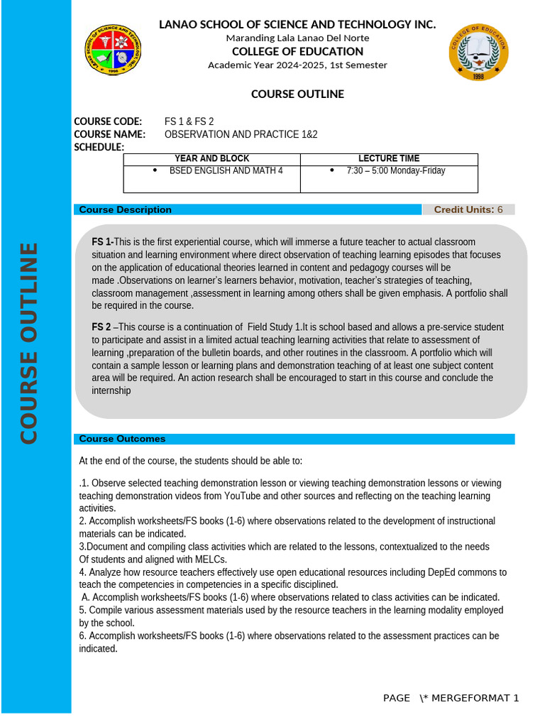 FS 1 & FS 2 Course Outline (Linggolinggo) | PDF