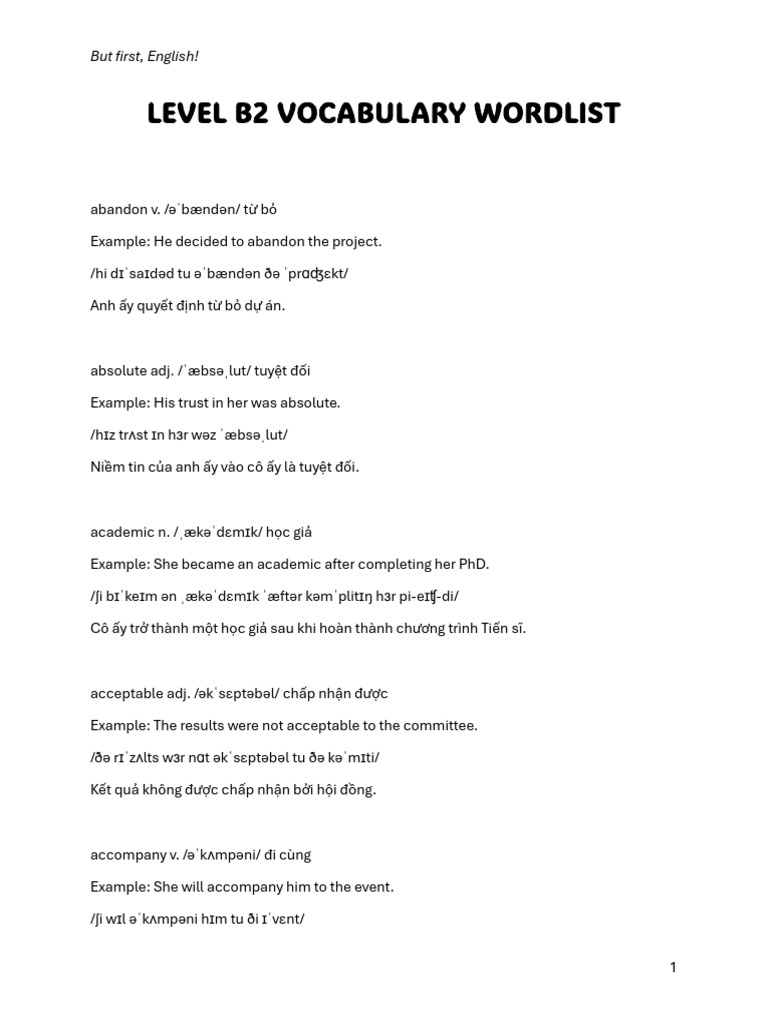 B2 Vocabulary Checklist by CEFR | PDF