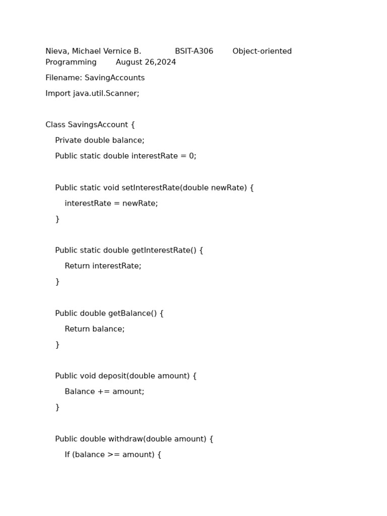 Java Savings Account Program | PDF