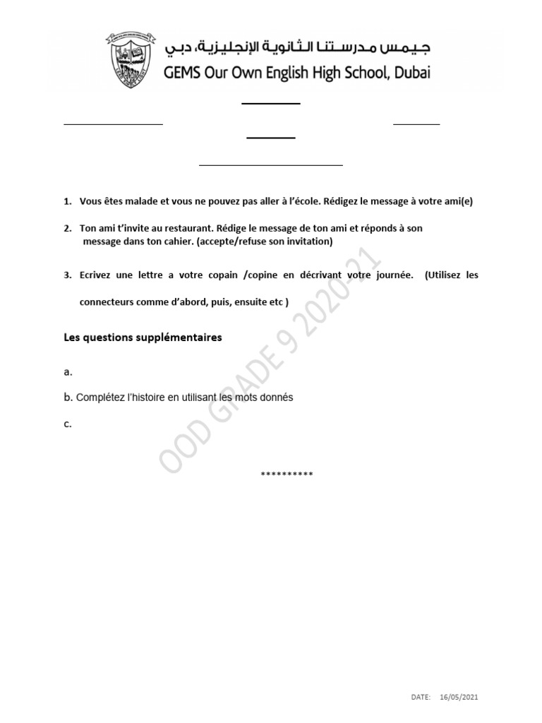 Grade 9 French Chapter 3 Tasks | PDF