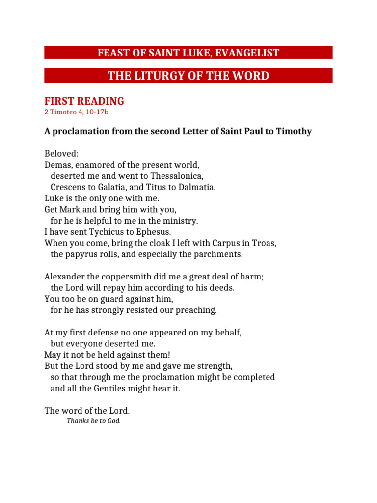 Liturgy 101 A Feast 10.18 Luke Readings English | PDF