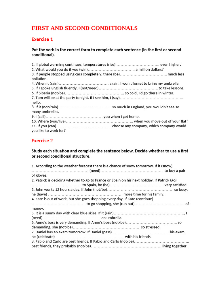 FIRST AND SECOND CONDITIONALS EXERCISE(1) | PDF