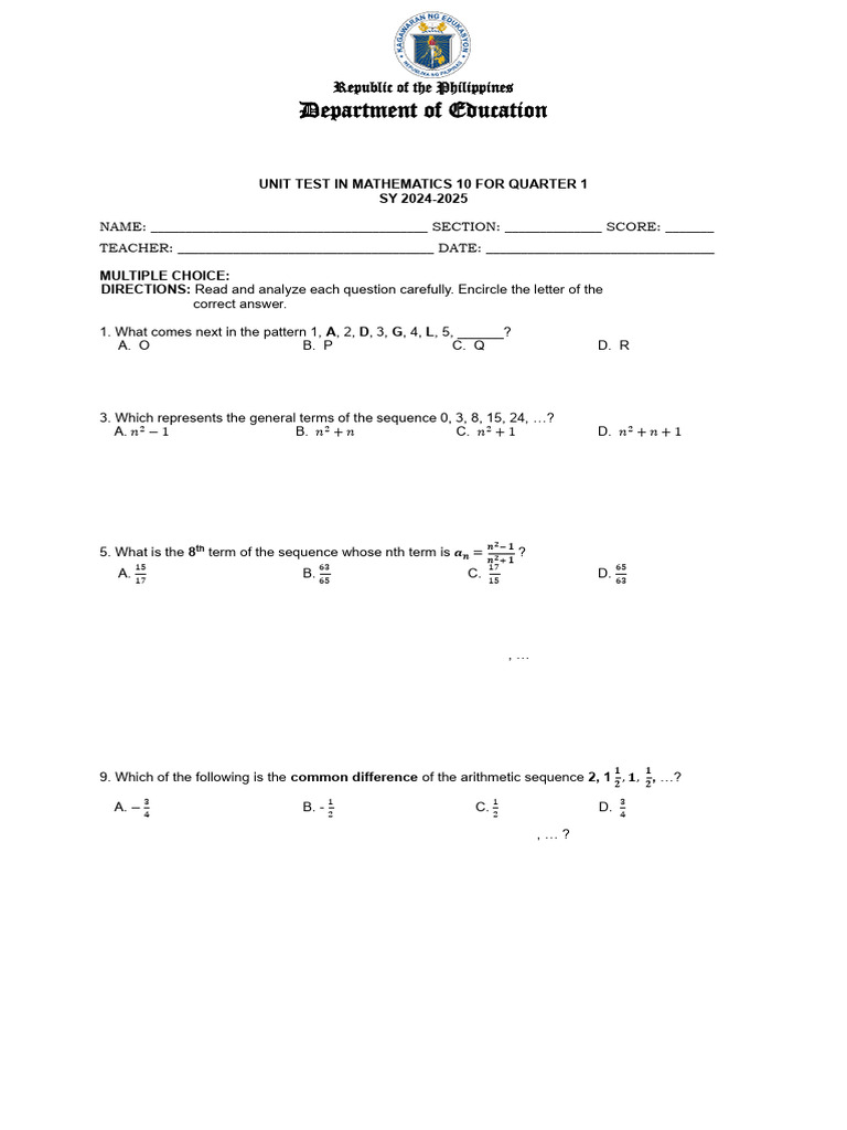 g10 Q1-Unit-Test Mathematics Sy2024-2025 | PDF