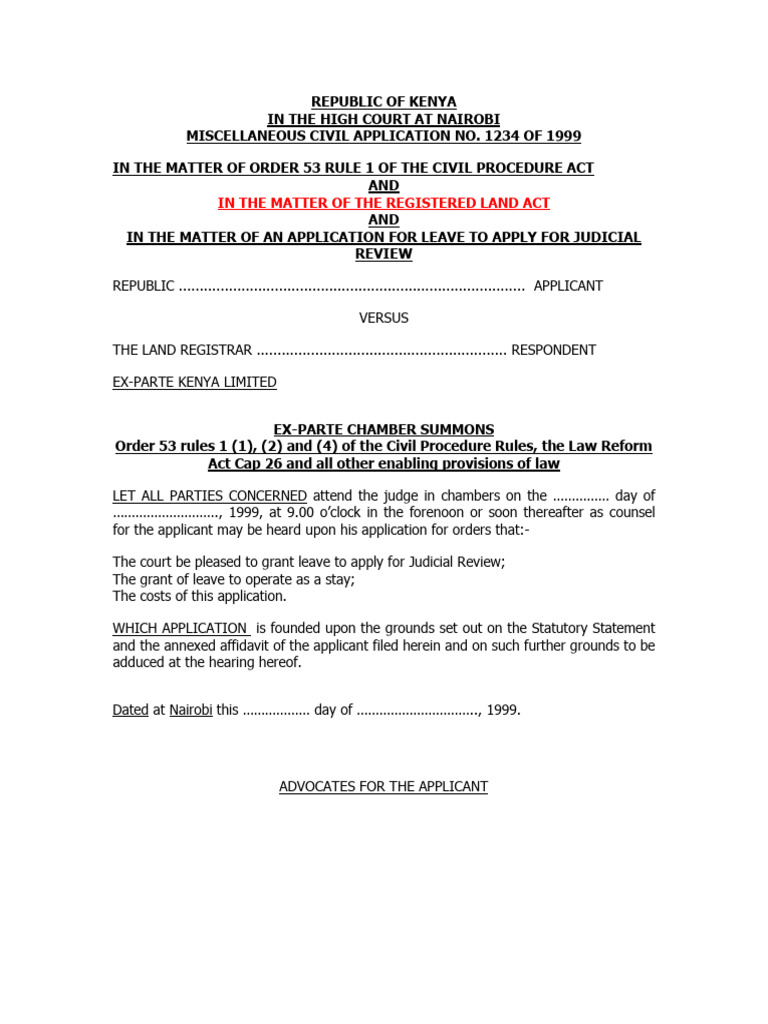 Application For Leave Chamber Summons - Dot | PDF