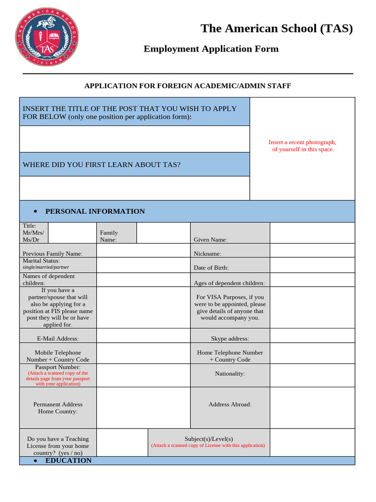 Tas Employment Application Form | PDF