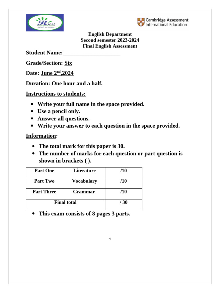 Grade 6 Final Exam | PDF