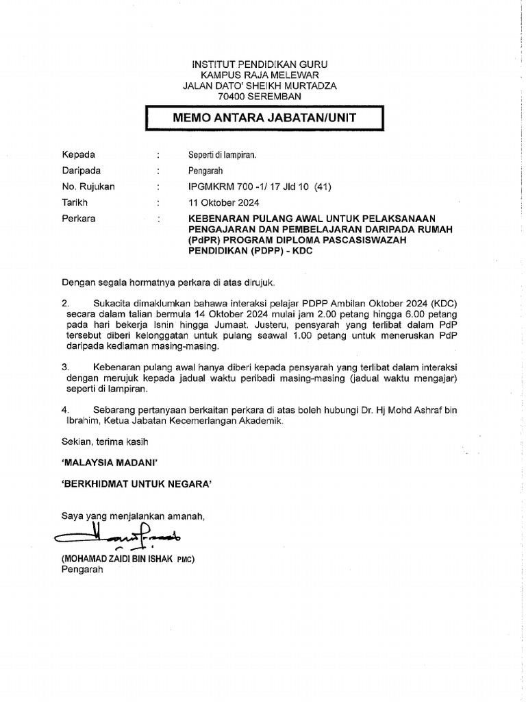 Memo RALAT Kebenaran Pulang Awal | PDF