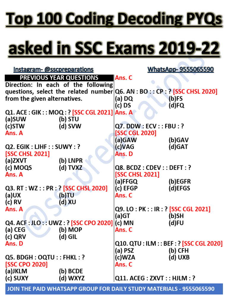 100 Coding Decoding PYQs Asked in SSC Exams | PDF