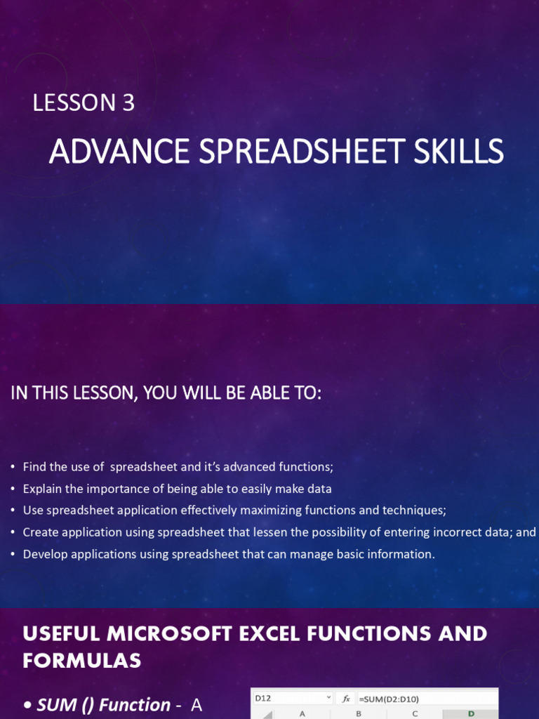 Lesson 3: Advance Spreadsheet Skills | PDF