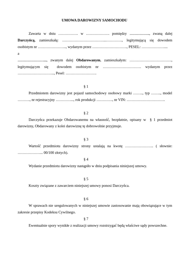 Umowa Darowizny Samochodu | PDF