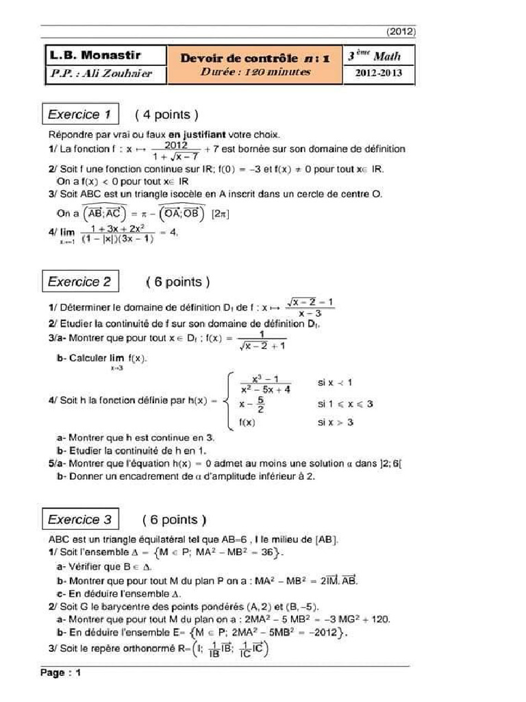 dc1 3eme Math Avec Correction | PDF