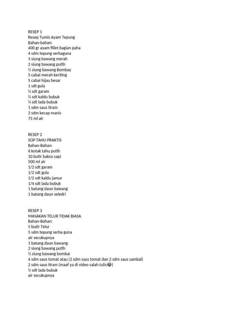 RESEP 3 Lauk Praktis | PDF