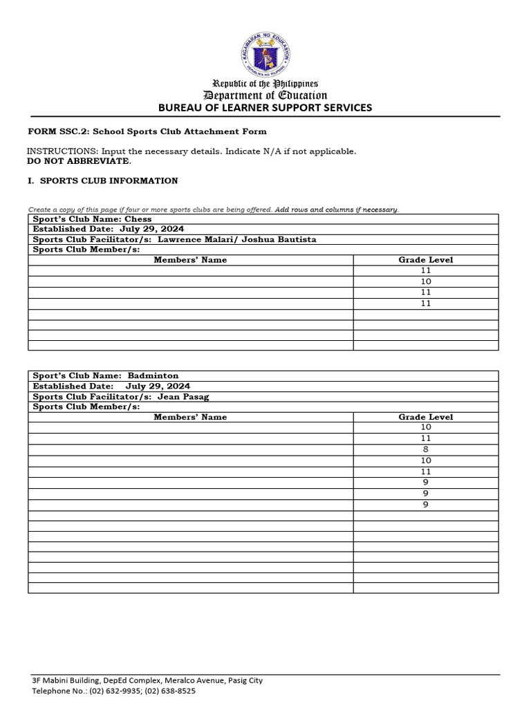 FORM-SSC.2 School Sports Club Form-RSHS-1 | PDF
