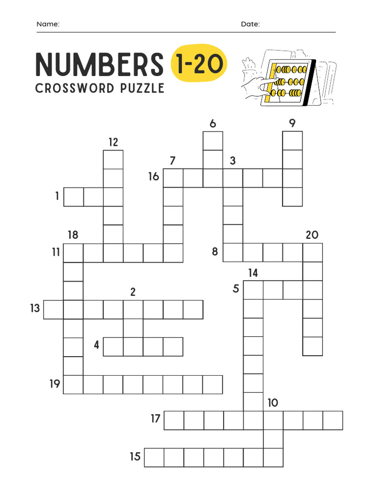 Numbers 1-20 Crossword Puzzle Worksheet in Black and Yellow Minimalist ...