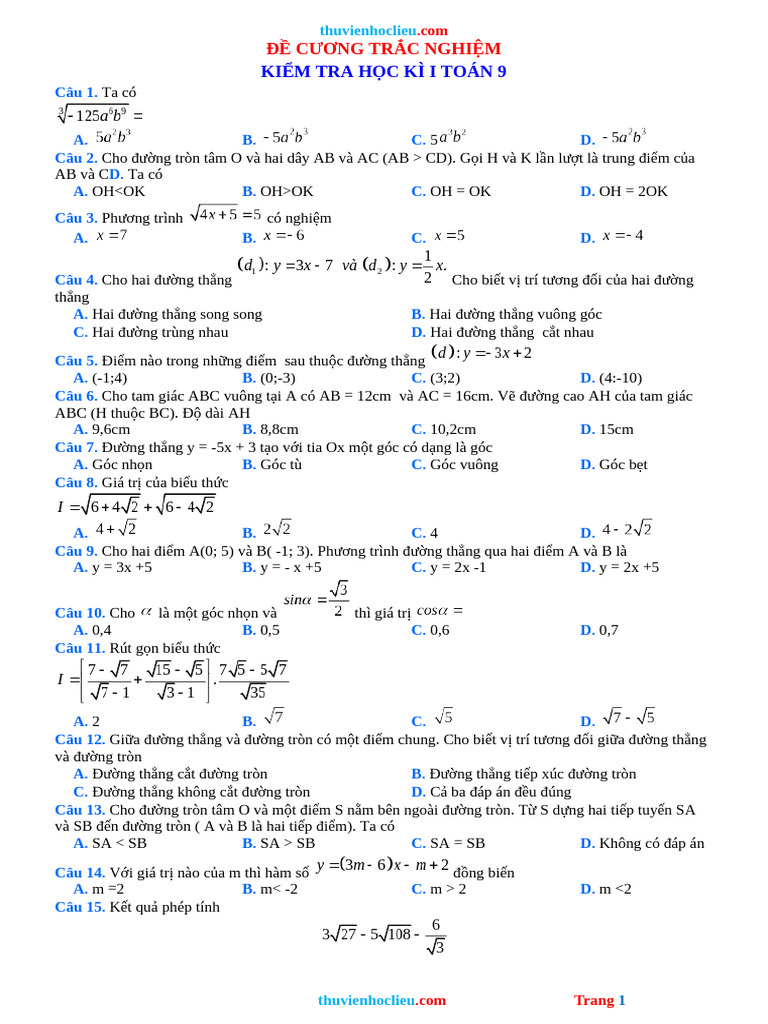 De Cuong Trac Nghiem Toan 9 HK1 Nam 2022 2023 | PDF
