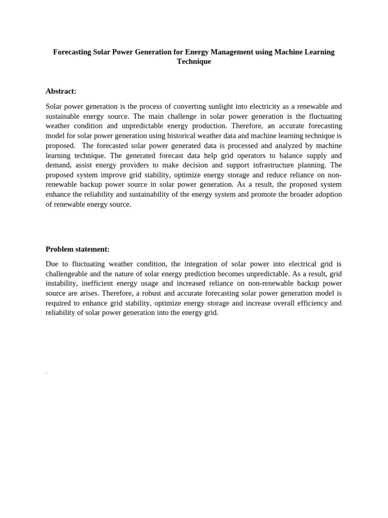 Forecasting Solar Power Generation For Energy Management Using Machine Learning Technique | PDF