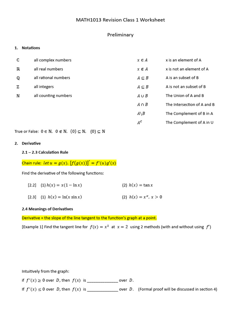 Revision Class 1 Worksheet (With Solution) | PDF