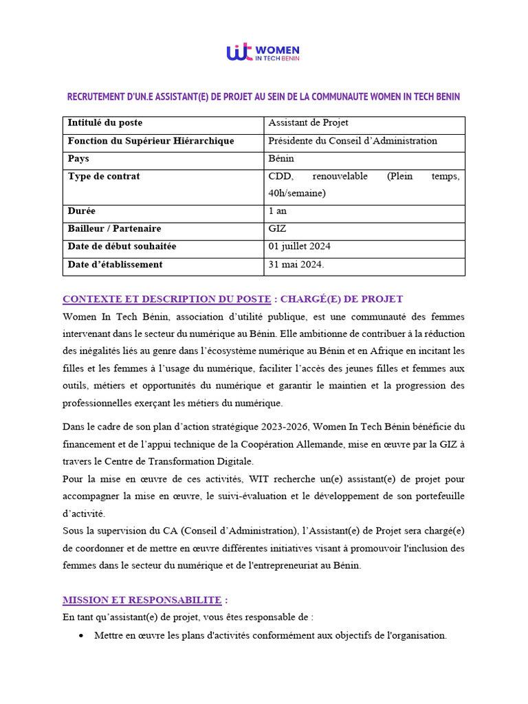 TDR_Recrutement Assistant de Projet WIT-Bénin | PDF