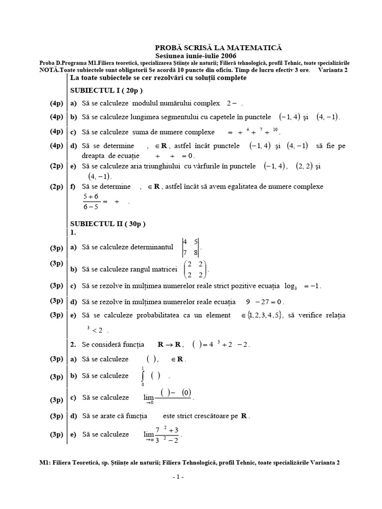 Subiect Matematica M1 Stiinte Ale Naturii D V2 | PDF