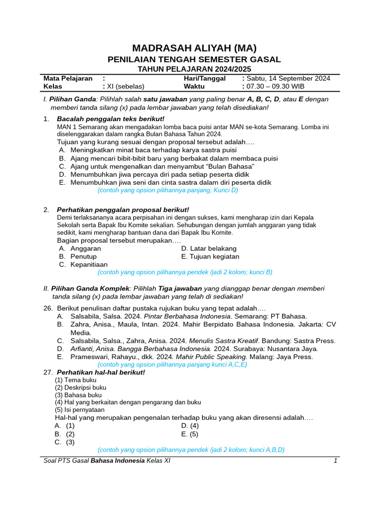 CONTOH MASTER SOAL KELAS XI DAN XII | PDF