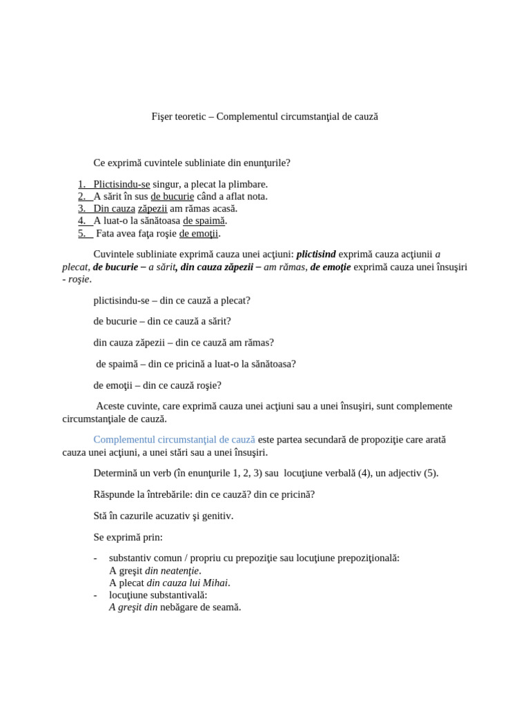 Fisier Teoretic Complementul Circumstantial de Cauza | PDF