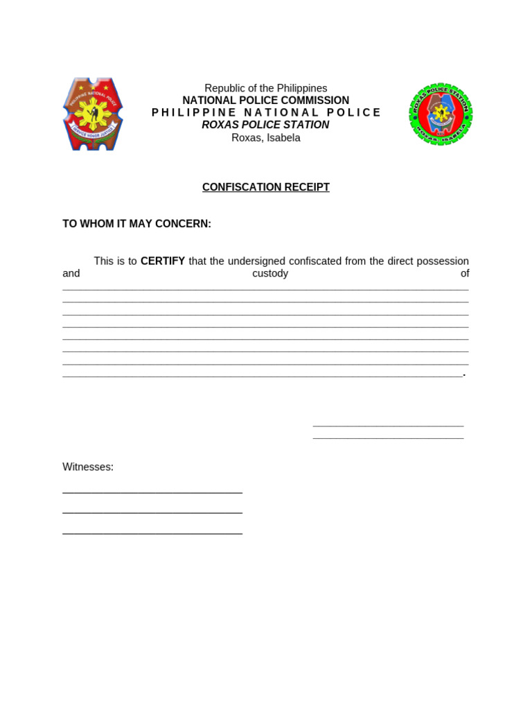 Confiscation Receipt Blank | PDF