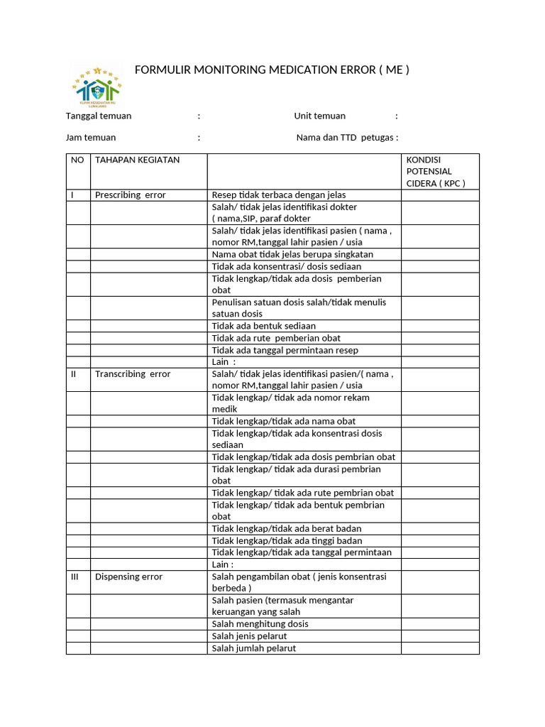 Formulir Monitoring Medication Error | PDF