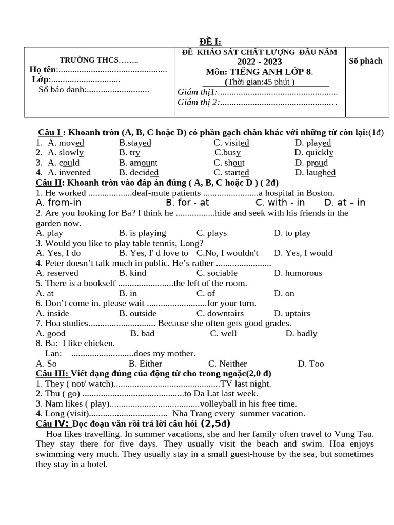 De Khao Sat Chat Luong Dau Nam Mon Tieng Anh Lop 8 | PDF