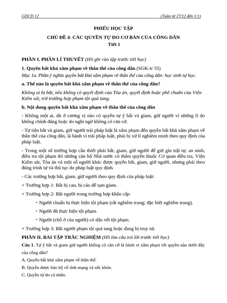 GDCD 12 - PHIEU HOC TAP - CĐ4. CÁC QUYỀN TỰ DO CƠ BẢN CỦA CÔNG DÂN. TIẾT 1 | PDF