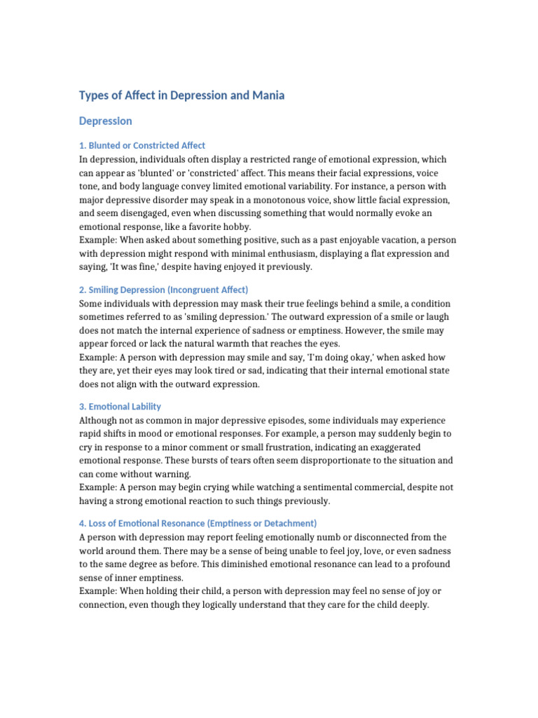 Types of Affect in Depression and Mania | PDF